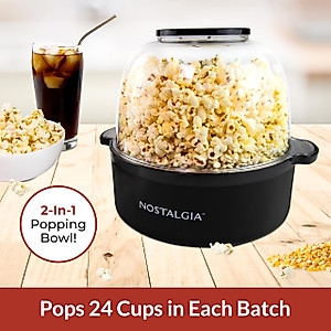 Nostalgia 6-Quart Stirring Popcorn Popper With Quick-Heat Technology, Makes 24 Cups of Popcorn, Kernel Measuring Cup, Oil Free, Makes Roasted Nuts, Perfect for Birthday Parties, Black