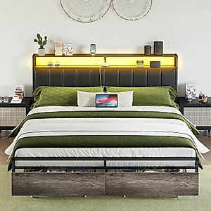 AMERLIFE LED Bed Frame with Drawers, King Platform Bed Frame with 2-Tier Storage & Leather Upholstered & Charging Station Headboard, No Box Spring Needed, Easy Assembly, Noise Free, Rustic Grey