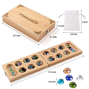 Ceebyfa Mancala Board Game for Kids, Adults & Family. Includes Folding Rubber Wood Board, 48+10 Mancala Stones & Instruction. Classic & Portable Marble Game for Travel.(Natural Color)