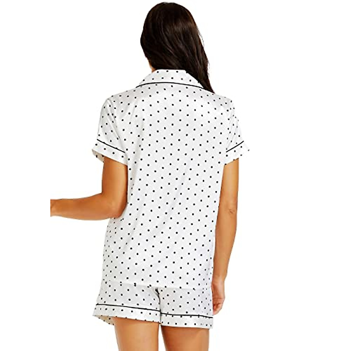 Lonxu Womens Satin Pajamas Set White Polka Dot L
