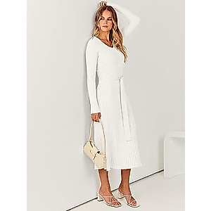 ANRABESS Sweater Dresses for Women 2023 Fall Long Sleeve Ribbed Knit V Neck Tight Tie Waist Cute Comfy Holiday Warm Winter Midi Bodycon Dress with Belt 994mibai-M White