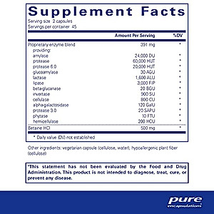 Pure Encapsulations Digestive Enzymes Ultra with Betaine HCl | Vegetarian Digestive Enzymes to Support Protein, Carbohydrate, Fiber, and Dairy Digestion* | 90 Capsules