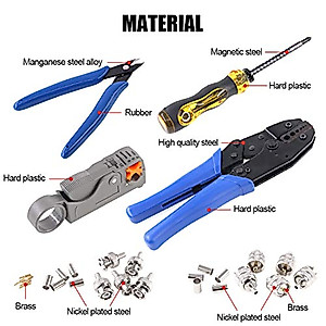 Glarks Coaxial Cable Tool Set, Coax RF Connector Crimping Tool + Coaxial Cable Stripper + BNC/UHF Crimp Male Connectors + Wire Cutter + Screw Driver for RG58, RG59, RG62, RG174