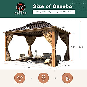 YOLENY 10'x12' Hardtop Gazebo, Wooden Finish Coated Aluminum Frame Canopy with Galvanized Steel Roof, Outdoor Metal Gazebos with Curtains and Nettings for Patio, Backyard, Deck and Lawns