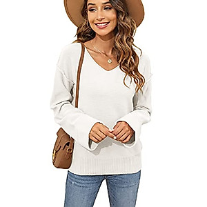 Womens V Neck Lightweight Sweaters Pullover Warm Long Sleeve Loose Casual Tunic Knit Tops White