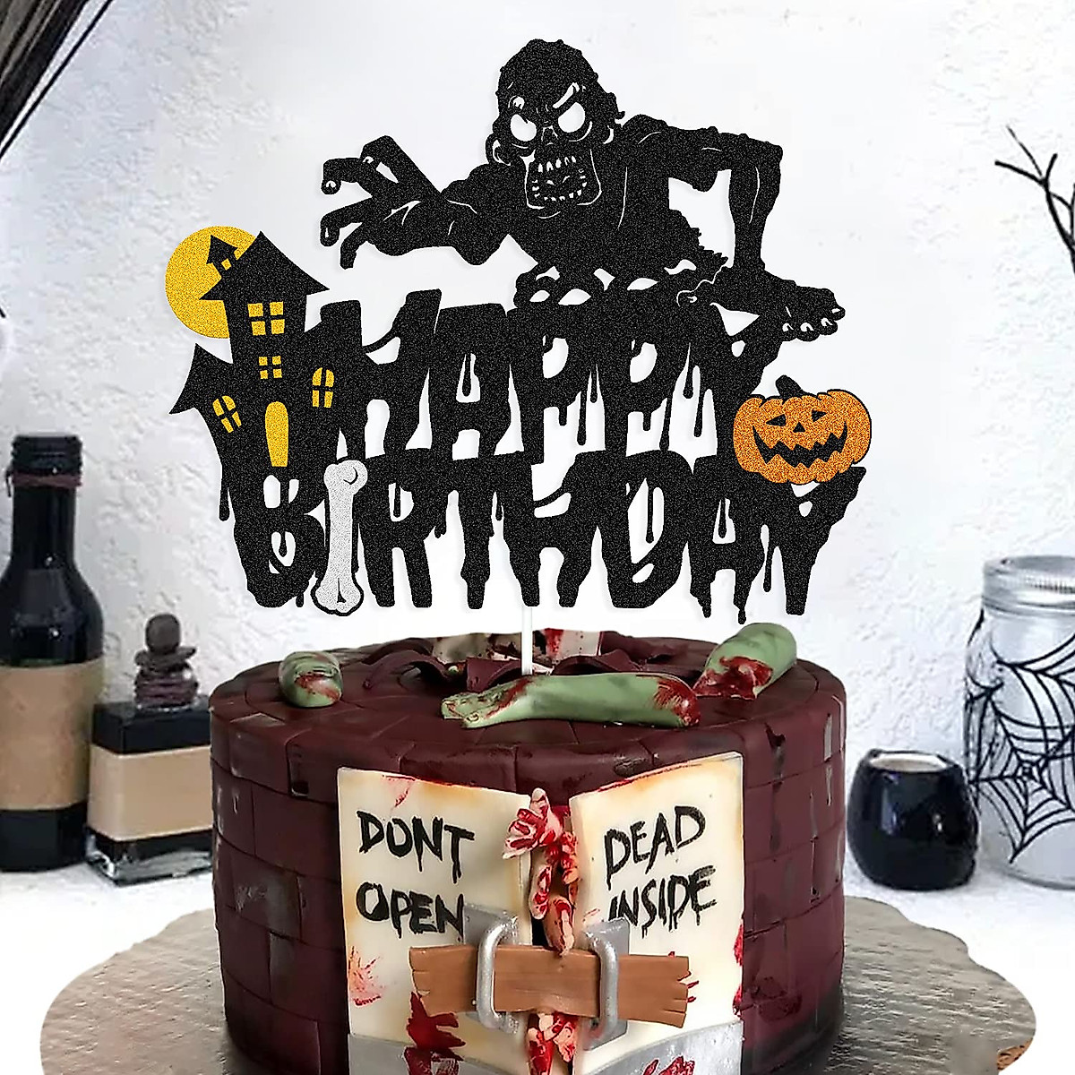 Halloween Birthday Cake Topper for Skull Wizard Witches Ghost Spooky house boo Cat Zombie Pumpkin Tombstone Theme Boys Girls Kids Men Women Happy Birthday Baby Shower Party Decorations Event Supplies