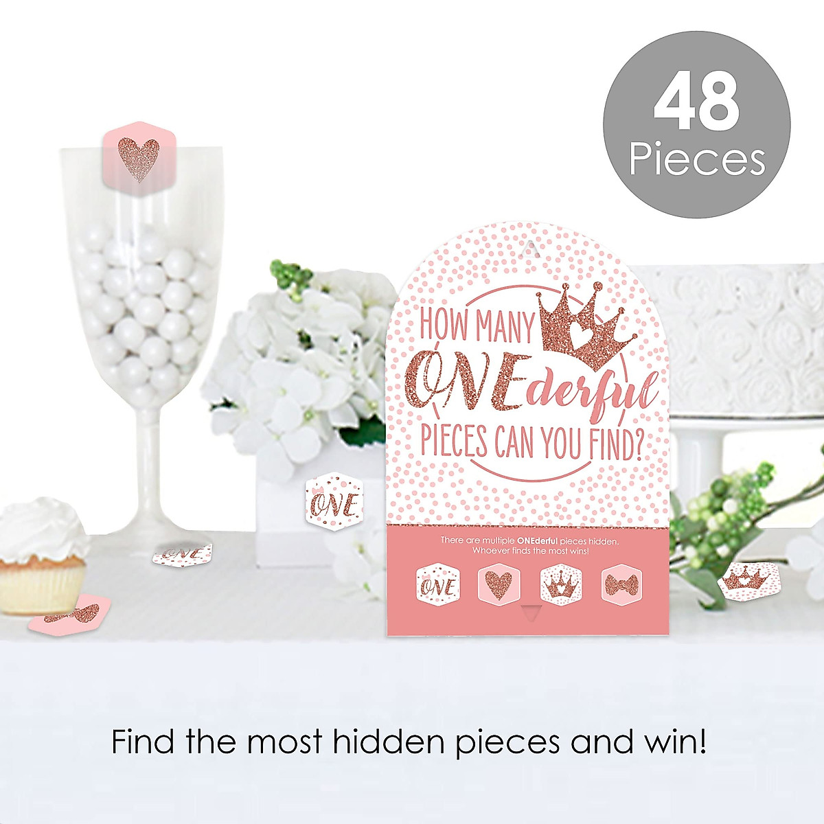 Big Dot of Happiness 1st Birthday Little Miss Onederful - Girl First Birthday Party Scavenger Hunt - 1 Stand and 48 Game Pieces - Hide and Find Game