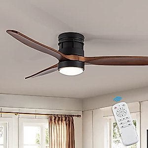 EKIZNSN 52 Inch Modern Outdoor Flush Mount Ceiling Fan with Lights Remote Control, Low Profile Wood Ceiling Fan with 3 Blades for Bedroom/Living Room, Walnut Wood