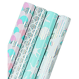 WRAPAHOLIC Wrapping Paper Roll - Mermaid Scale and Jellyfish Design with Colorful Foil for Birthday, Holiday, Baby Shower - 4 Rolls - 30 inch X 120 inch Per Roll