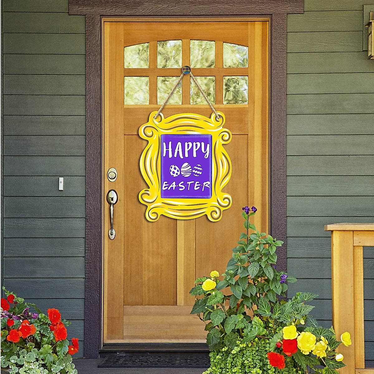 Happy Easter and Eggs Sign Welcome Large Hanging Sign Door Decor with Rope for Easter Party Garden, Yard Spring Home Decorations