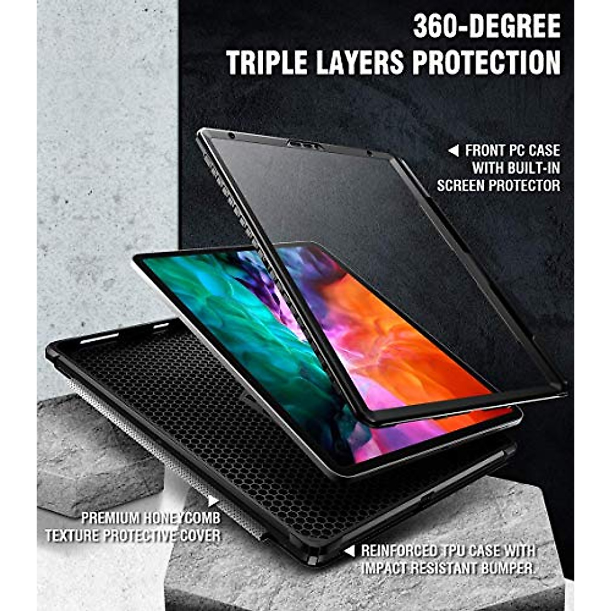 Poetic Explorer Series Designed for iPad Pro 12.9 2020 & 2018 Case, Full Body Triple Layers Tough 360 Degree Stand Folio Cover case with Built-in Screen Protector and Pencil Holder, Black