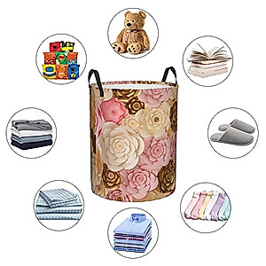 Pink White Gold Flowers Round Laundry Basket Toy Storage Basket, Storage Bin With Handle, Suitable For Bedroom, Toys, Boys, Girls, Toy Room