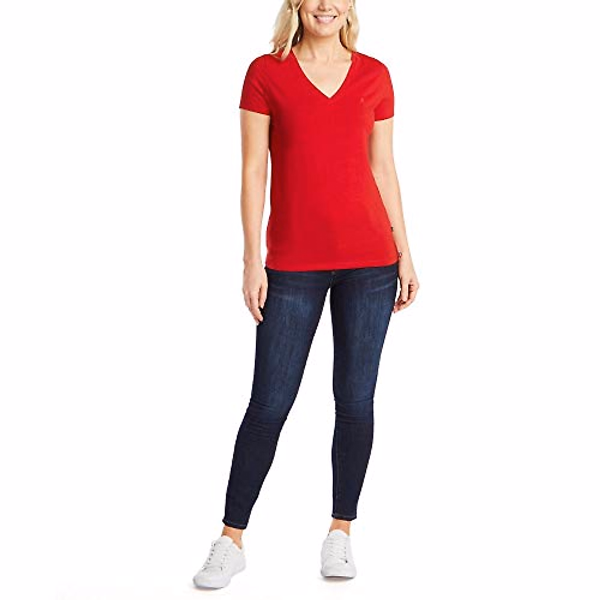 Nautica Women's Easy Comfort V-Neck Supersoft Stretch Cotton T-Shirt, Red, Medium