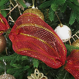 MEEDEE 10 Inch Mesh Ribbon Red and Gold Christmas Deco Mesh Metallic Red Mesh Ribbon with Metallic Gold Stripes 10 Yards Christmas Mesh for Wreaths Christmas Mesh Ribbon for Christmas Tree