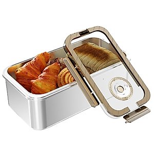 HAKELPOK Bakeable 304 Stainless Steel Bread Box for Homemade Bread, Portable Time Recording Bread Storage Container with Airtight Lid, Breadbox for Kitchen Countertop, Bun, Bagel (Brown)