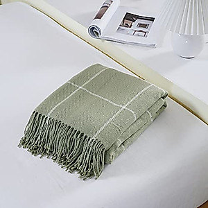 Bangya Acrylic Plaid Throw Blanket with Decorative Fringe for Travel，Bed, Sofa, Couch,Office (Green, 50inch x 60inch)