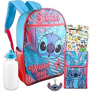 Walt Disney Studio Disney Lilo and Stitch Backpack Lunch Set - Bundle with Lilo Backpack, Lunch Bag, and Water Bottle Plus Stickers and More (Lilo and Stitch School Supplies)