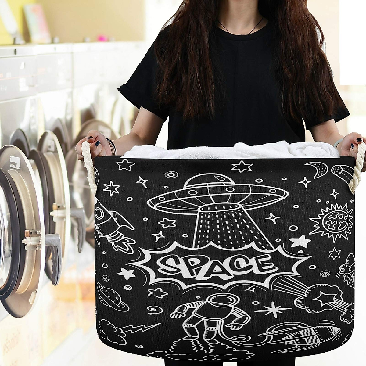 visesunny Collapsible Large Capacity Basket Astronaut Space Planet Star Clothes Toy Storage Hamper with Durable Cotton Handles Home Organizer Solution for Bathroom, Bedroom, Nursery, Laundry,Closet