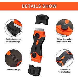 Razor Blade Scraper, 5 Pack Razor Scraper Tool with 20 Plastic and 20 Metal Razor Blades, Cleaning Scraper, for Removing Label, Registration Sticker, Tint, Grease from Windshield, Appliance, Glass