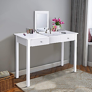 Nightcore Vanity Flip Top, Makeup Dressing Table Set with Square Mirror, 1, White