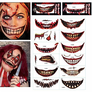 Halloween Prank Makeup Temporary Tattoo, Halloween Role Play Decorative Big Mouth Face Tattoo Decal Kit, Halloween Cosplay Party DIY Decorations (A SET)