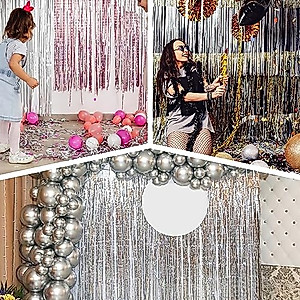 3 Pack Silvery Foil Fringe Backdrop Curtains，3.3 ft x 8.2 ft Silvery Door Streamers ，Silvery Gold foil Fringe Curtain Backdrop,for Photo Background Party Decorations, Graduation Decorations