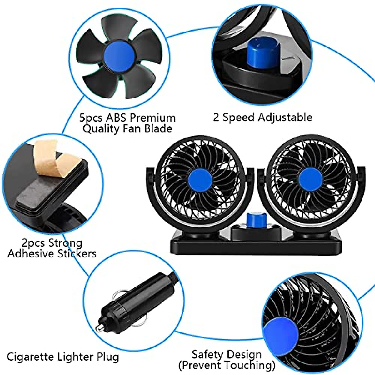 12V Car Fan, Electric Dual Head Car Cooling Fan with 360 Degree Adjustable 2 Speed Cooling Air Circulator Fan That Plugs into Cigarette Lighter, Auto Fans for Car Truck Van SUV RV Boat Golf Vehicles