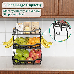 Giwil 3 Tier Countertop Fruit Basket for Kitchen, Vegetable Storage Basket Bread Fruit Bowl Stand with 2 Banana Hooks, Wall Mounted Metal Wire Basket Organizer for Potato Onion, Black