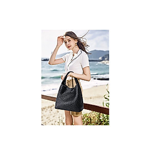 Fashion Woven Purse for Women Top-handle Shoulder Bag Soft Summer Hobo Tote Bag (Black)