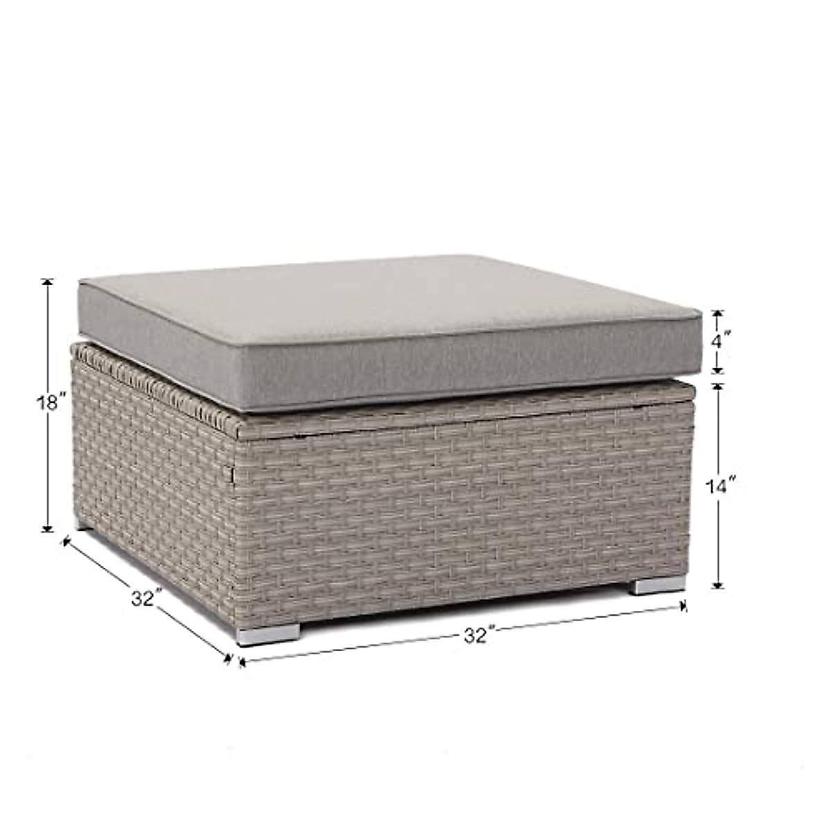 COSIEST Outdoor Furniture Add-on Ottoman for Expanding Wicker Sectional Sofa Set w Warm Gray Thick Cushion for Garden, Pool, Backyard