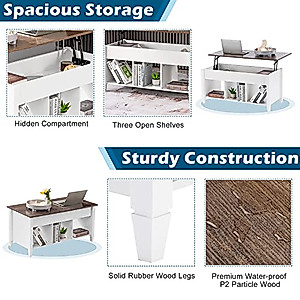 VINGLI Lift Top Coffee Table, White Coffee Table with Lift Top, Lift Up Coffee Table with Storage Shelf/Hidden Compartment, Gas Lift Coffee Table Mesa De Centro para Sala Pop Up Coffee Table