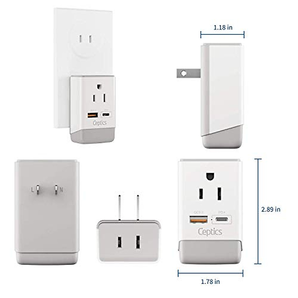 Ceptics Japan, Philippines Power Travel Plug Adapter, QC 3.0 & PD, Safe Dual USB & USB-C - 2 USA Socket Compact & Powerful - USA 3 Pin Polarized to 2 Prong Unpolarized - Type A - AP-6 Fast Charging