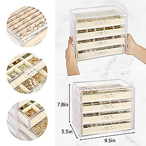 Mebbay Acrylic Jewelry Organizer, Clear Jewelry Box with 4 Drawers, Velvet Rings Earring Necklace Bracelet Display and Storage Case for Women, Beige