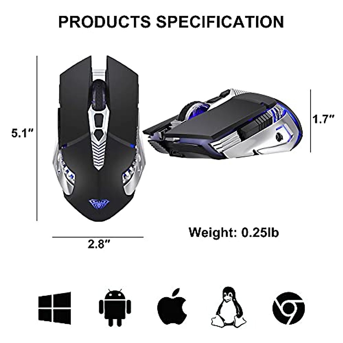 Bluetooth Mouse Rechargeable, Wireless Gaming Mouse Multi Device(BT5.0/3.0+2.4G) with Side Buttons, USB Receiver, RGB Backlit, Cordless Computer Mice for Laptop, Windows PC Mac Tablet(Black-Mute)