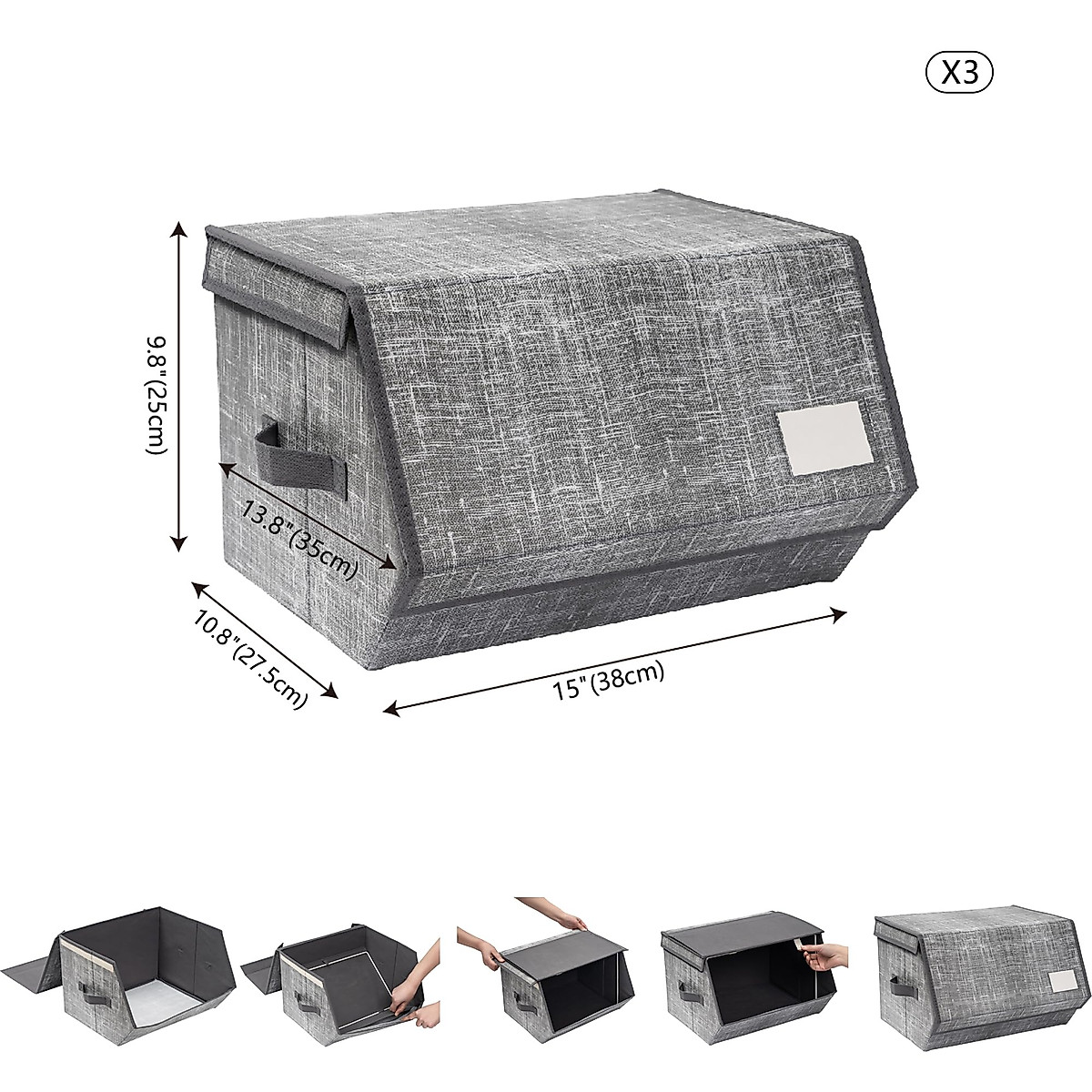DOVAMY Stackable Storage Bins, Storage Drawers, 3 Drawer Storage Organizer, Storage Bin with Lid, Toy Box, Sock Storage, Fabric Shoes Storage Box, 15”L x 13.8”W x 9.8”H, Light Gray BTM0302