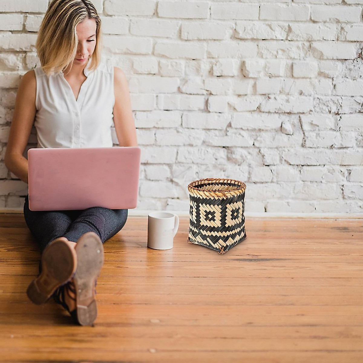 MAGICLULU Bamboo Trash Can, Woven Waste Basket Decorative Wicker Basket 8 Inch Boho Rubbish Bin Woven Pot Bamboo Vase Garbage Can Office Rattan Weaving Basket