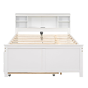 Harper & Bright Designs Full Size Bed with Bookcase Headboard, Wooden Full Platform Bed with Trundle and Drawers,Full Storage Bed with USB Ports Outlets for Kids Girls Boys,White