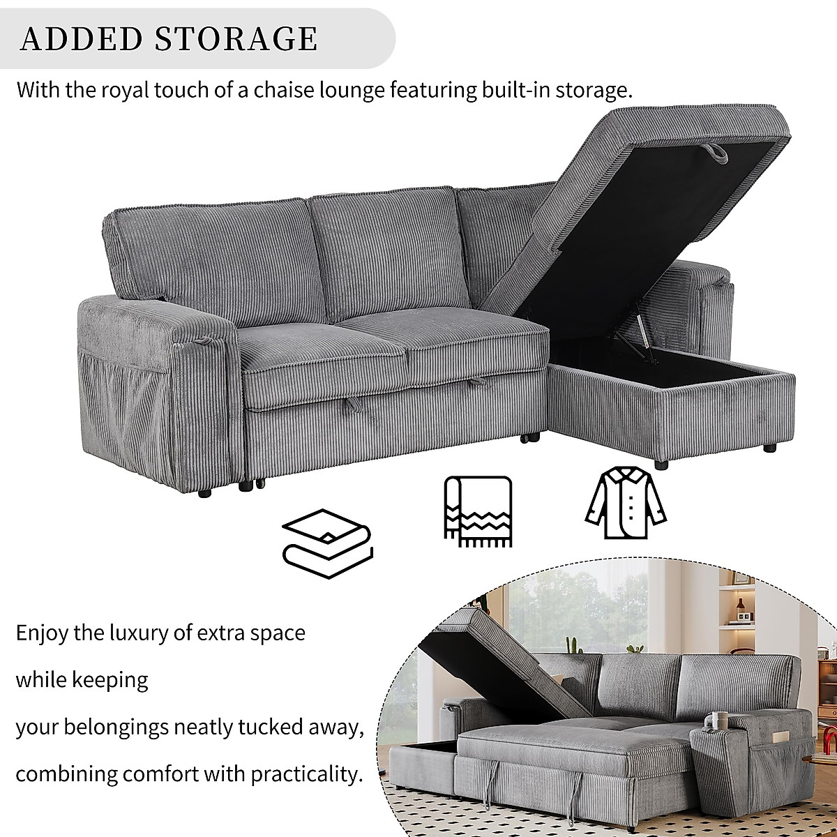 Corduroy Upholstered Convertible Sleeper Sectional Couch Pull Out Sofa Bed ,4 Seater L Shaped Corner Sofa&Couch Sofabed with Reversible Storage Chaise Lounge and Cupholders for Living Room Office