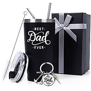 SANDJEST Best Dad Ever Tumbler Gifts for Dad from Daughters Sons - 20oz Stainless Steel Insulated Coffee Travel Mug Christmas, Birthday, Father's Day Gift - Thermal Cup Gift Set with Lid & Straw