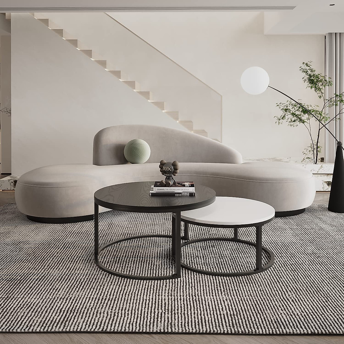 Usinso Round Coffee Tables,2 Round Nesting Table Set Circle Coffee Table with Storage Open Shelf for Living Room Modern Minimalist Style Furniture Side End Table of Stable(Black & White)