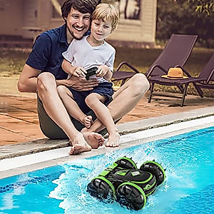 Arulis Amphibious Remote Control Car, 2.4Ghz 4WD Double Sided 360° Rotating RC Stunt Car, Remote Control Boat with Gesture Sensor, Toy Cars Gifts for 3 4 5 6 7 8+ Year Old Boys, Pool Water Beach Toy