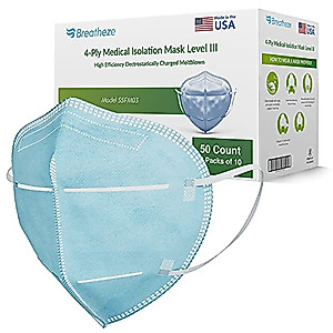 Breatheze 4 Ply Medical Isolation Face Mask Made in USA Level 3 Fluid Resistant FDA Registered Disposable Protective Face Cover with Nose Wire & Ear Loops - Thin Breathable - Box of 50 (5 Packs of 10)