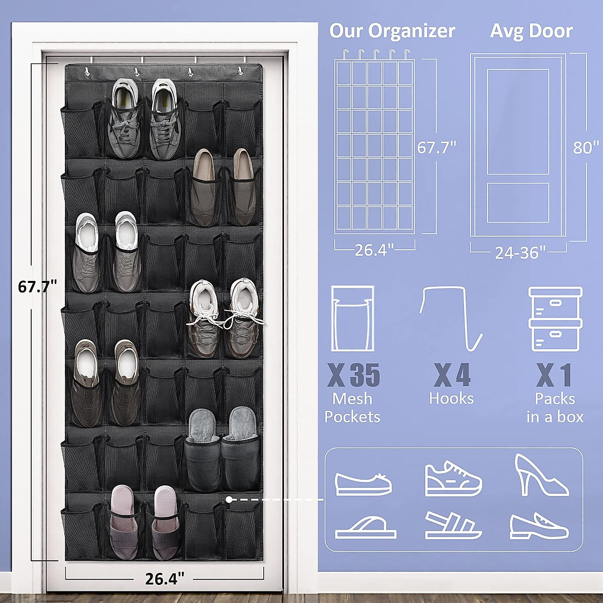 Tiblue Over The Door Shoe Organizers 35 Mesh Pockets Hanging Shoe Organizer Shoe Rack For Closet Entryway Bedroom Bathroom Pantry Shoe Holder, Men Sneakers, Women High Heeled Shoes, Flip Flops Black