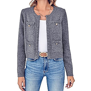 Esobo Womens Knit Cardigan Sweaters Open Front Long Sleeve Cropped Trendy Jacket Outerwear(Grey,Large)