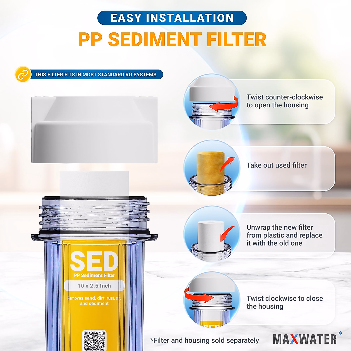 Max Water 10 inch x 2.5 inch, 5 Micron Replacement Sediment Water Filter Cartridge for Whole House, Melt Blown Filtration Fiber for Heavy Duty (Pack of 50)