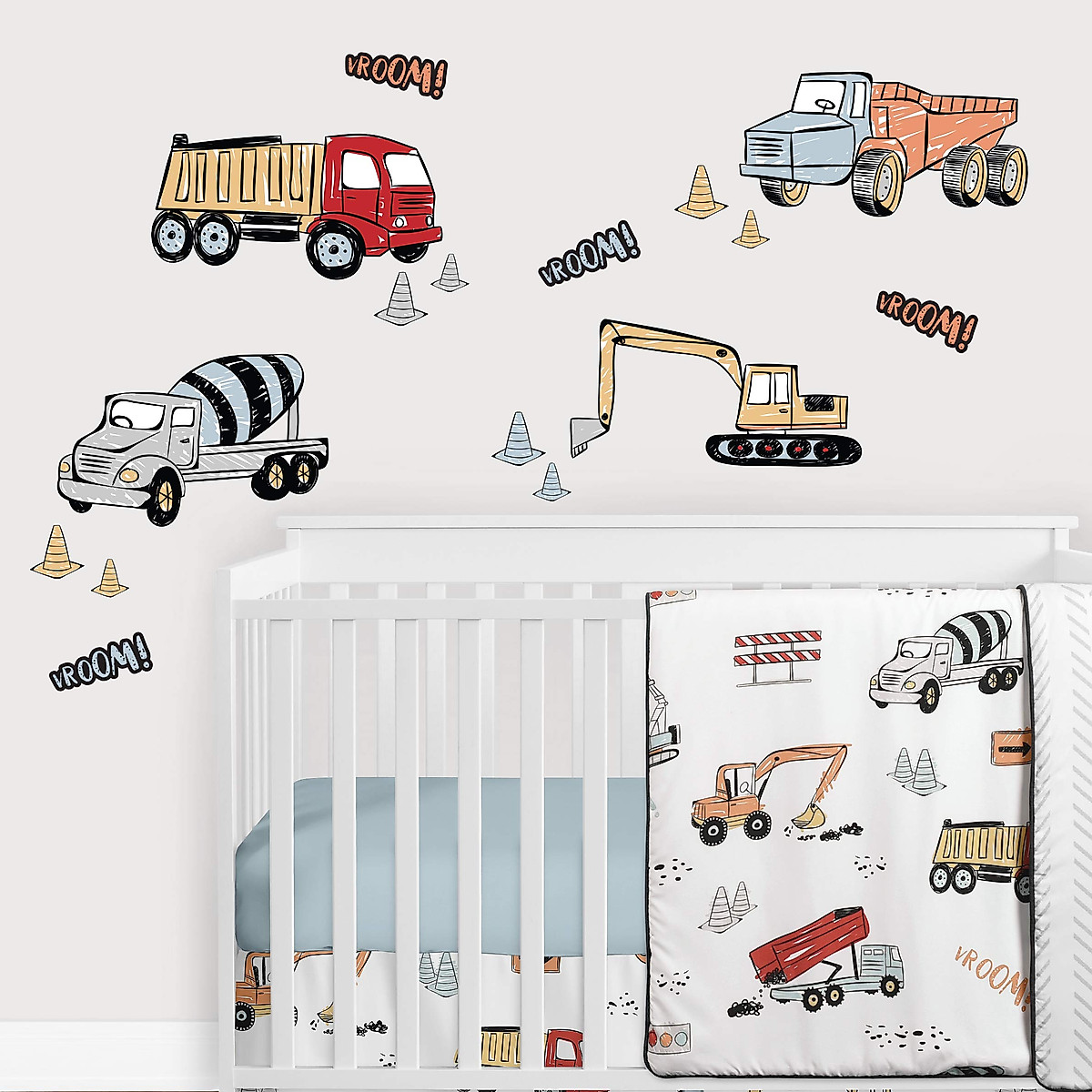 Sweet Jojo Designs Construction Truck Large Peel and Stick Wall Decal Stickers Art Nursery Decor Mural - Set of 4 Sheets - Grey Yellow Orange Red and Blue Transportation Zone Vehicles