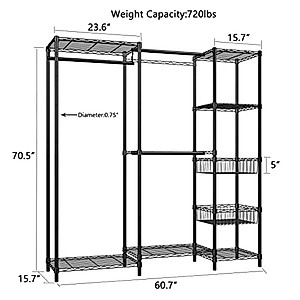 Xiofio 6 Tiers Heavy Duty Garment Rack,Metal Clothing Rack,Clothing Storage Rack,Closet Organizer System Freestanding & Adjustable Wardrobe 60.7" L x 15.7" W x 70.5" H Max Load 720LBS Black