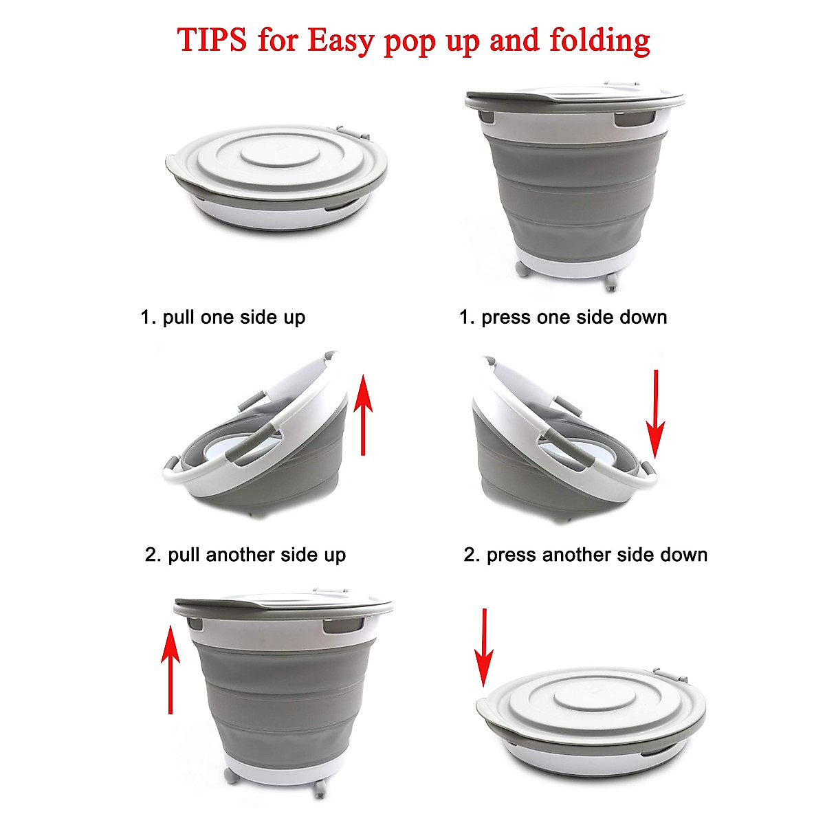 SAMMART 66L(17.4 Gallon) Collapsible Plastic Garbage Bin with Wheels & Removable Lid-Foldable Pop Up Container-Portable Washing Tub-Space Saving Basket,Water Capacity 56L(14.8 Gallon) (1, Grey)