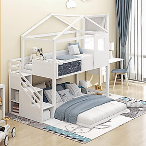 Twin Over Full House Bunk Bed with Storage Staircase & Blackboard, Wood Kids Bunk Bed with Roof and Guardrails, Playhouse Bunk Beds for Kids, Teens, Adults, No Box Spring Required (White)