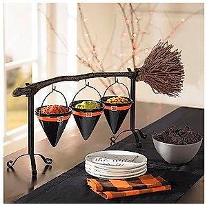 JHLIA Halloween Broomstick Snack Bowl Stand with Removable Basket Organizer, Witch Broom Fruit Baskets Holder Party Bowl, Candy, Dessert Salad, Creative Christmas Decorations Wedding Party Decor (A)